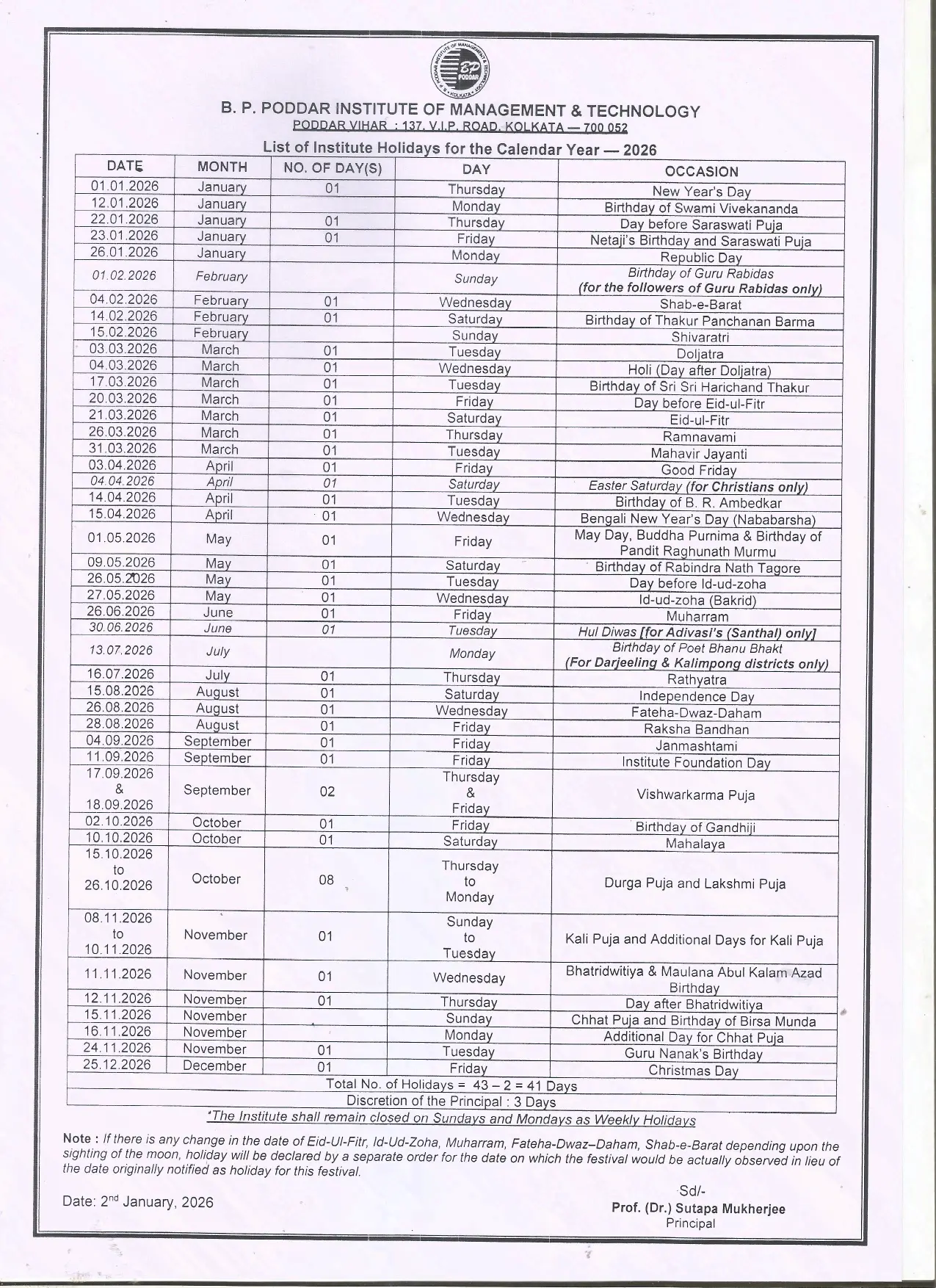 List of Holidays - B. P. Poddar Institute of Management & Technology
